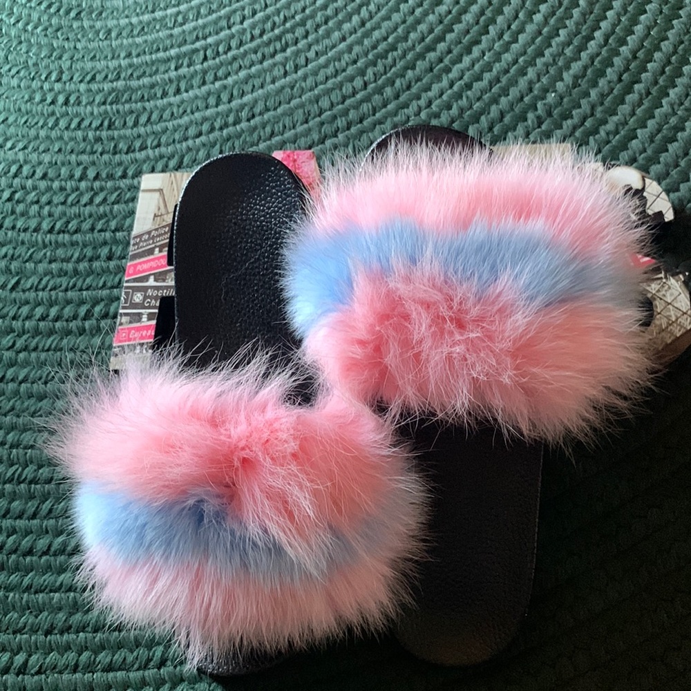 Pink Faux Fur Slides With Blue Stripe,Fluffy Slides,R… - Gem